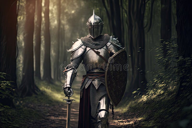 Medieval Walking Knight in Armor with Large Sword on Background of ...