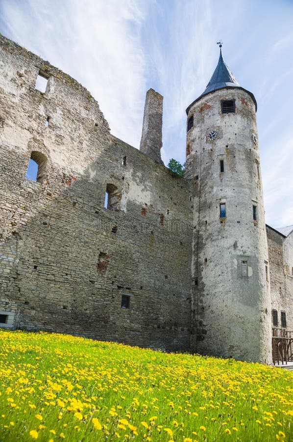 Medieval Wall and Tower with Clock Stock Photo - Image of journey ...