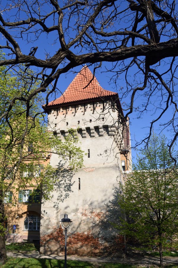 Medieval Wall Tower of Sibiu, Transylvania, Stock Image - Image of ...