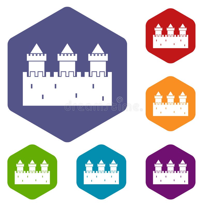 Medieval Wall and Towers Icons Set Hexagon Stock Vector - Illustration ...