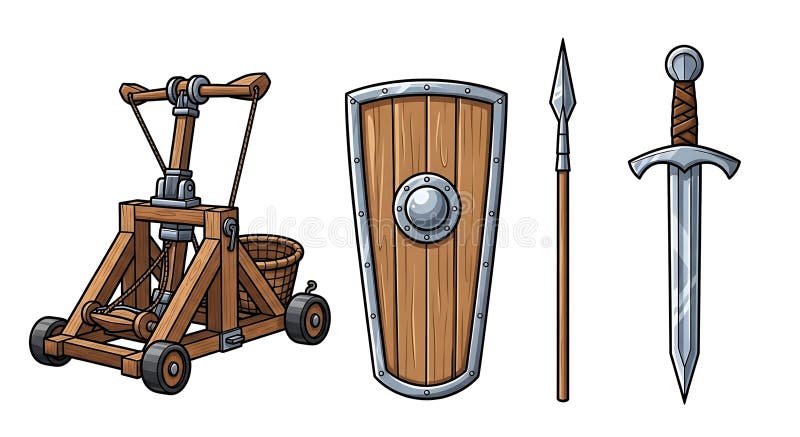 Medieval War Machines Ready for Battle: Catapult, Shield, Spear, and ...