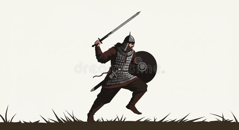 A Medieval Warrior in Armor Charges Forward, Wielding a Sword Overhead ...