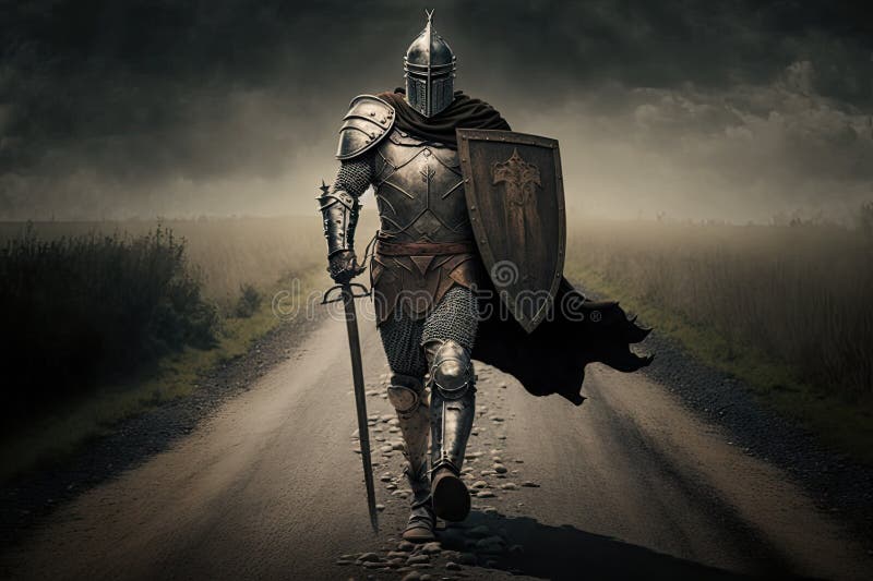 Medieval Warrior in Armor with Sword and Shield Walking on Road Stock ...