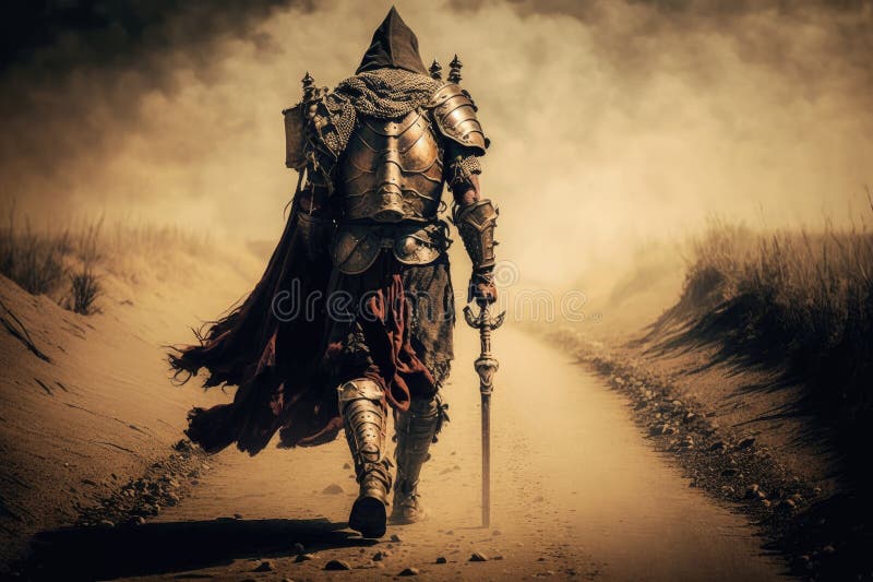 Medieval Warrior with Armor and Sword Walking on Dusty Road Stock ...
