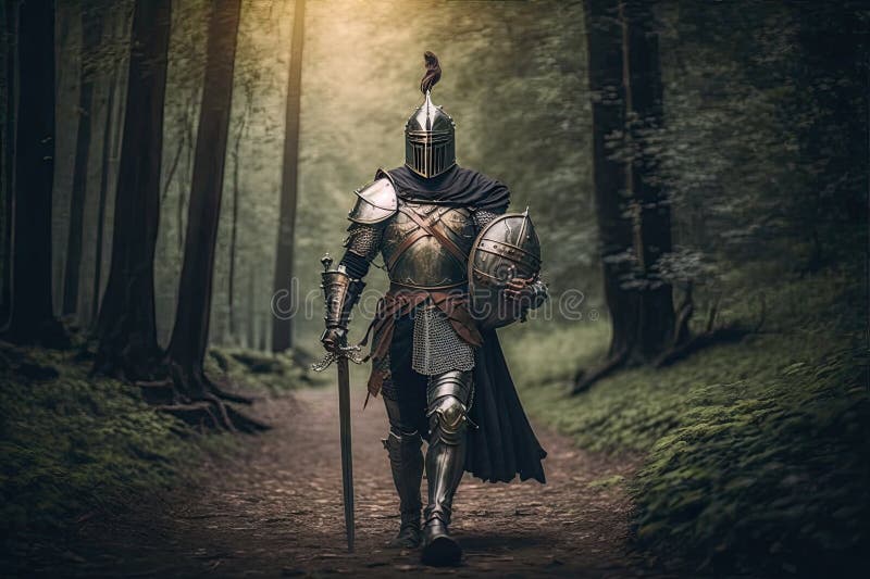 Medieval Warrior in Armor with Sword Walking through Forest Stock Image ...