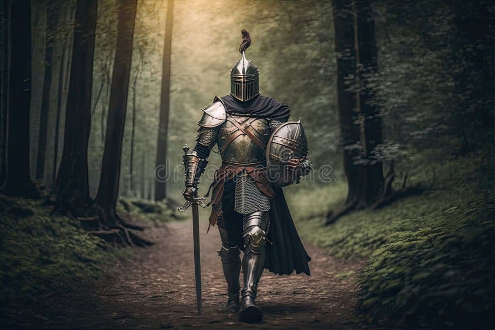 Medieval Warrior in Armor with Sword Walking through Forest Stock Image ...
