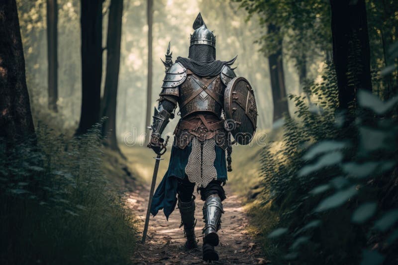 Medieval Warrior in Armor Walking through Forest Stock Illustration ...