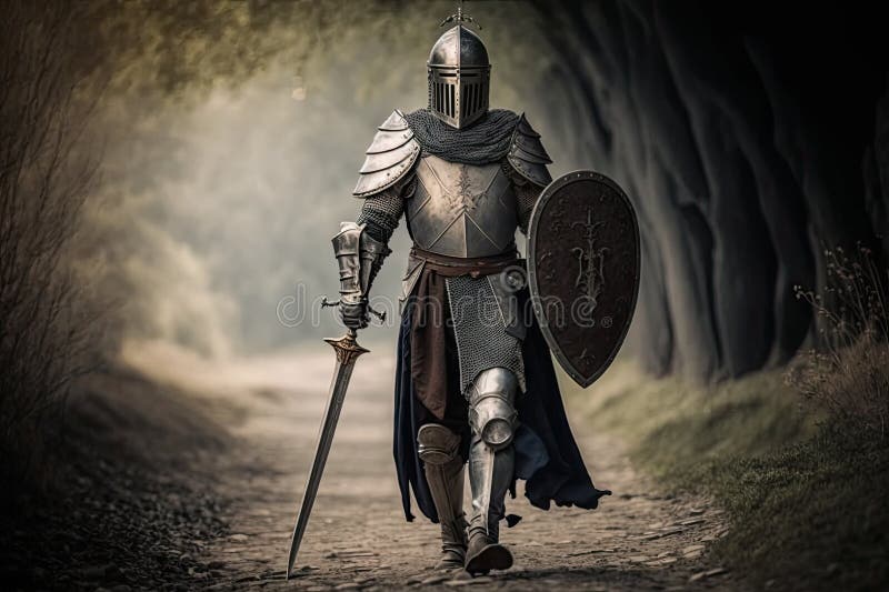 Medieval Warrior in Armor Walking with Sword and Shield Stock ...