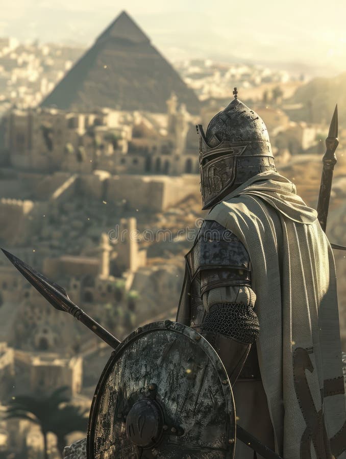 Medieval Warrior, in Front of the Pyramids of Egypt. Stock Photo ...