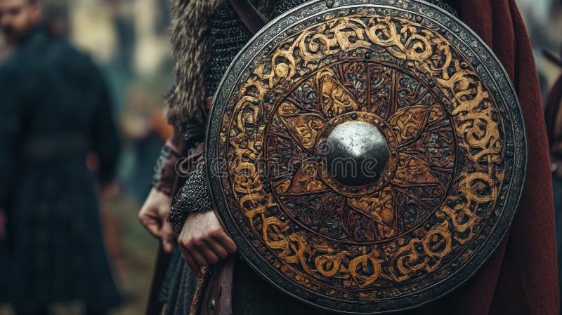 Medieval Warrior Holding a Shield Decorated with Intricate Patterns ...