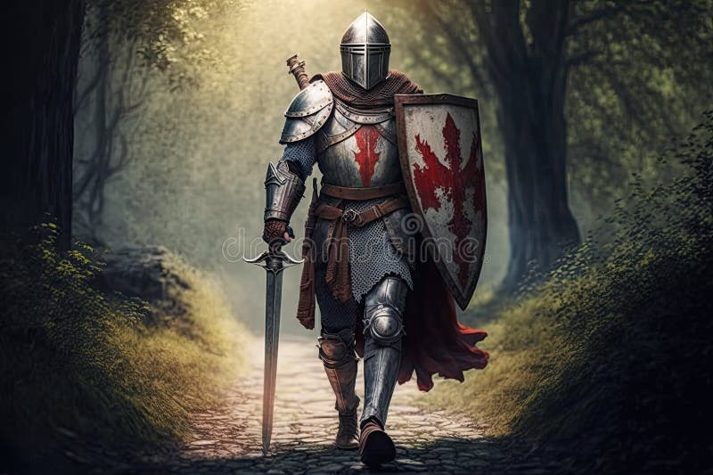 Medieval Warrior with Shield and Sword in Hand Walking Knight Stock ...