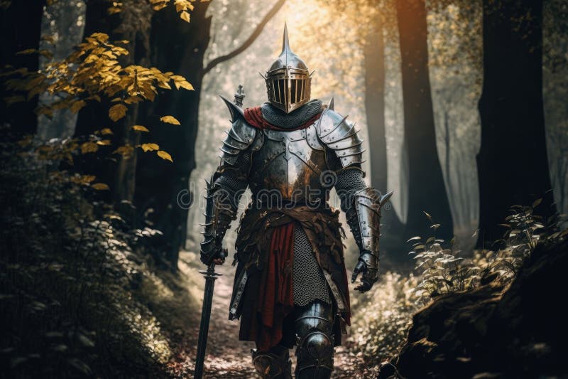 Medieval Warrior with Sword in Armor Walking through Forest Stock Image ...
