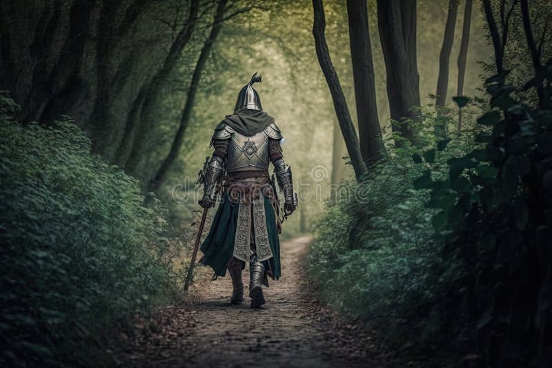 Medieval Warrior with Sword in Hand Walking on Forest Path Stock ...
