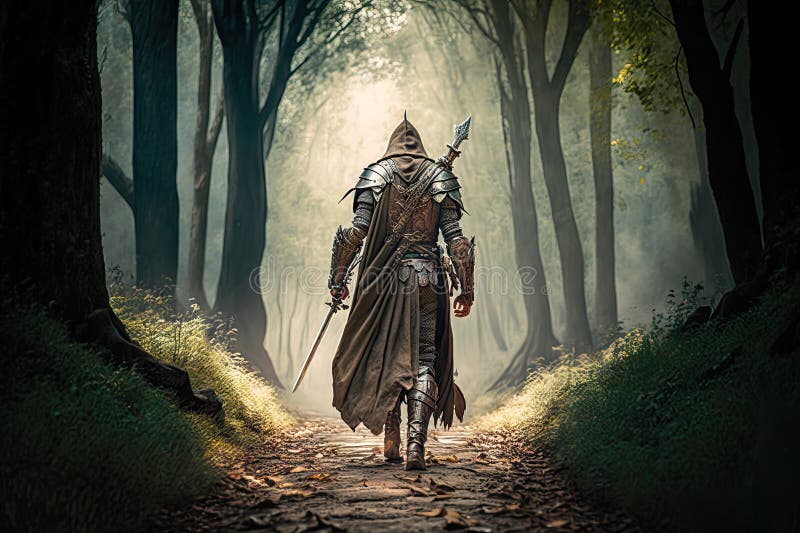 Medieval Warrior with Sword in Hand Walking on Forest Path Stock ...