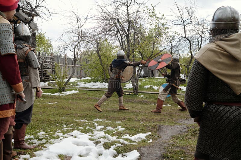 Medieval Warriors Practicing Swordsmanship Outdoors Stock Photo - Image ...