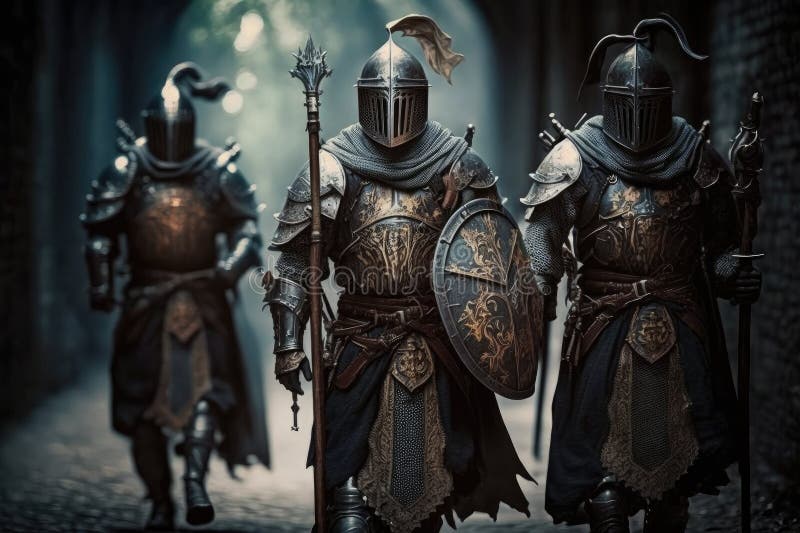 Medieval Warriors with Spears and Shields Walking Knight Stock ...