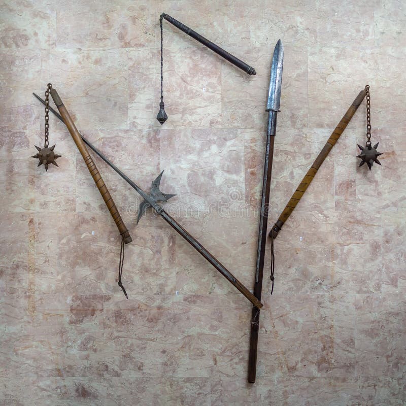 Medieval Weapons or Tools Behind the Glass in the Museum. Editorial ...
