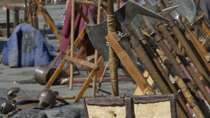 Medieval Weapons on Wood Stand Stock Footage - Video of knight, armor ...