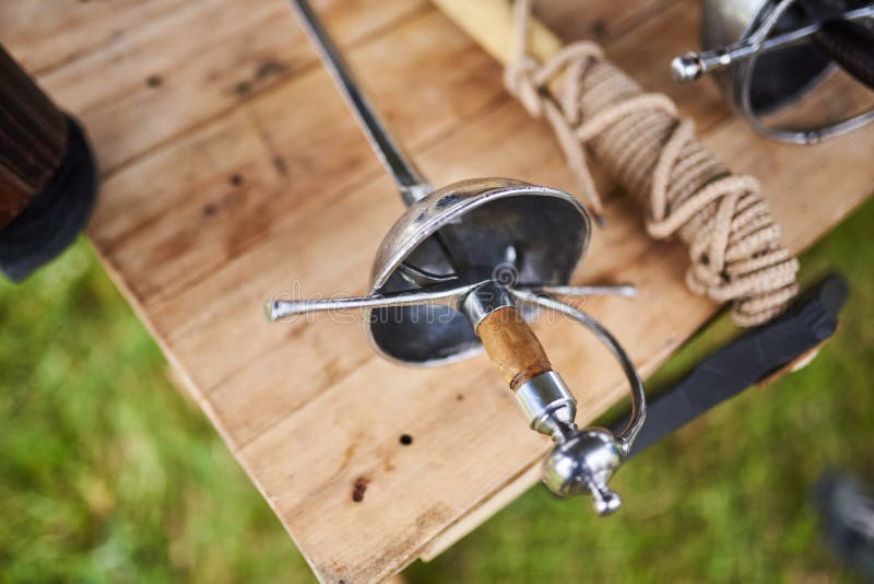 Medieval Weapons on a Wooden Table Stock Image - Image of metallic ...