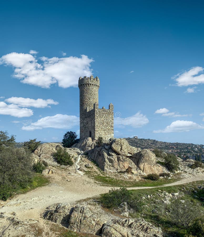Medieval White Stone Tower in Madrid Stock Photo - Image of buildings ...