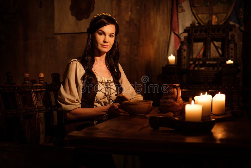 Medieval Woman in Ancient Castle Interior Stock Photo - Image of lady ...