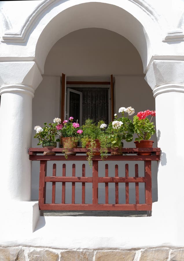 Medieval Wooden Balcony with Flowers Stock Image - Image of portico ...