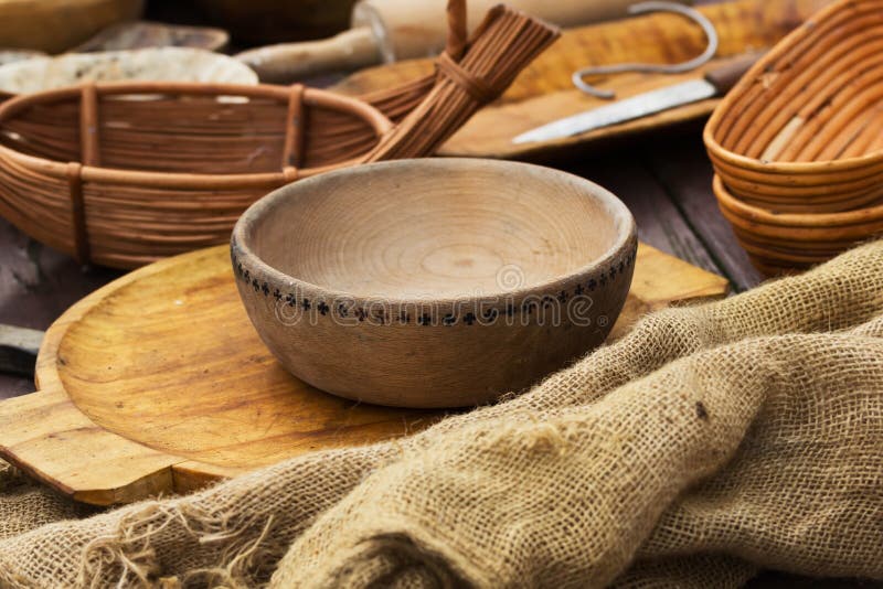 The medieval wooden bowls stock photo. Image of bowls - 100258576