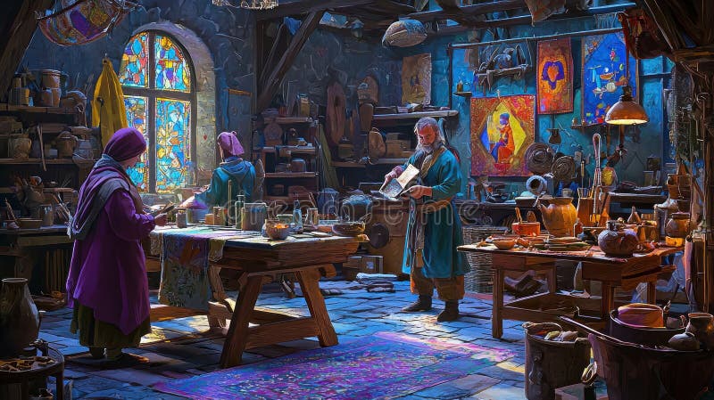 Medieval Workshop with Three People Working on Various Crafts a Stained ...
