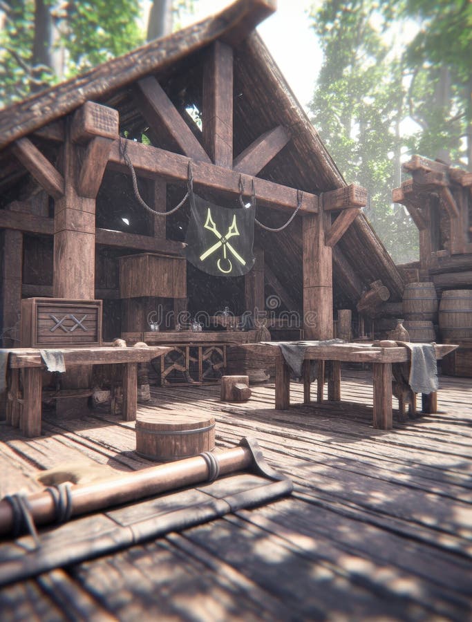 Medieval Workshop in the Woods Stock Photo - Image of workbench ...