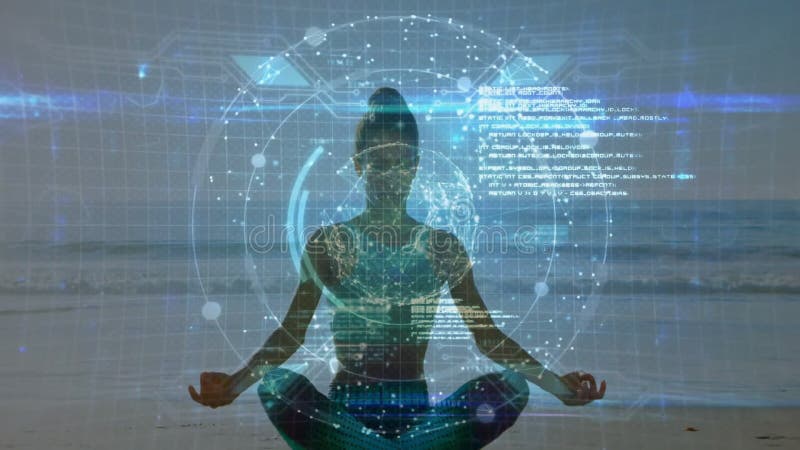 Meditating on Beach, Person with Animation Overlaying Futuristic Data ...
