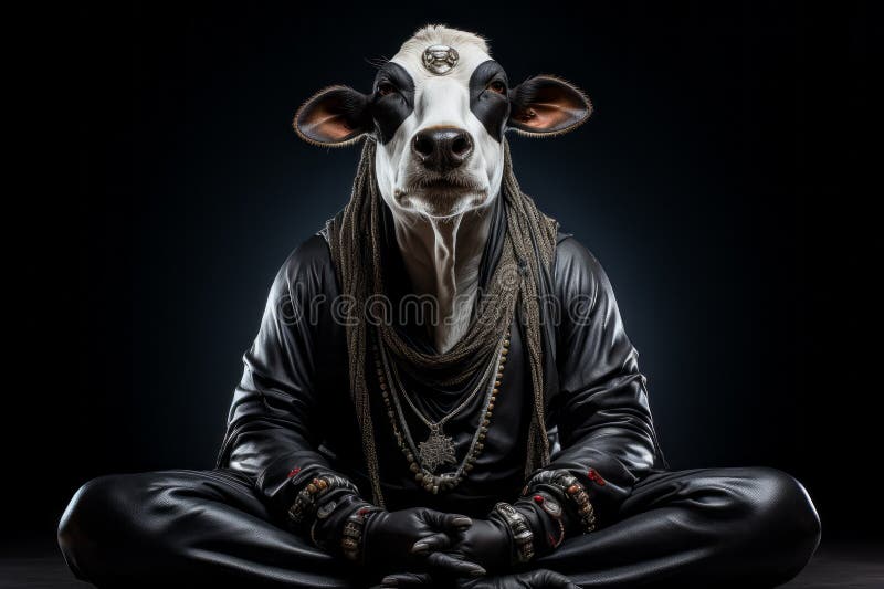 Meditating Cow in Black Clothes and a Brown Scarf Stock Photo - Image ...