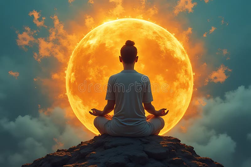 A Meditating Figure Sits before a Giant Sun, Embodying Inner Peace ...