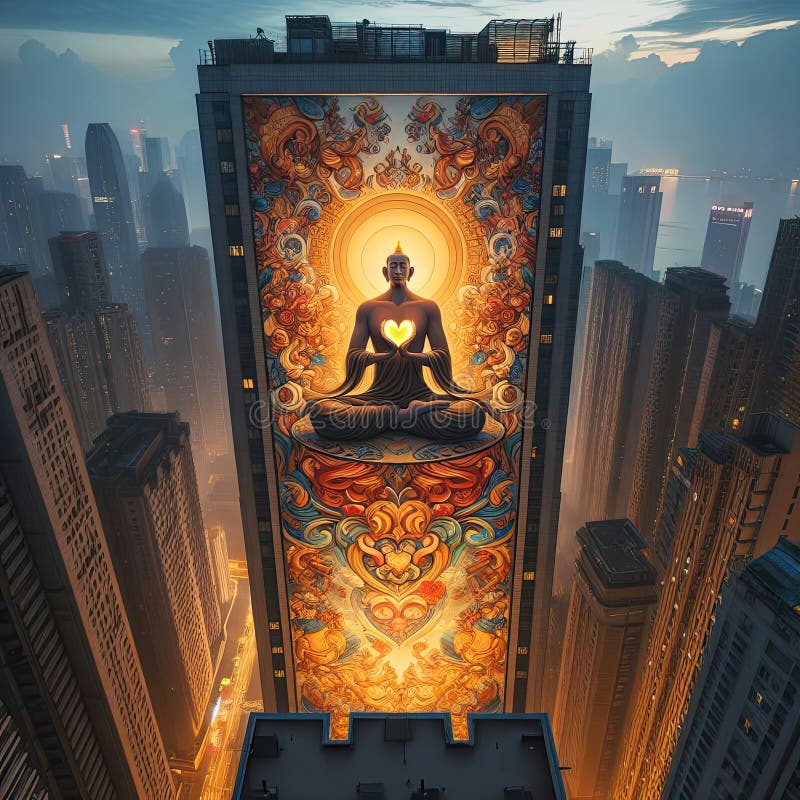 Meditating Monk Bright Graffiti on the Wall of an Evening High-rise ...