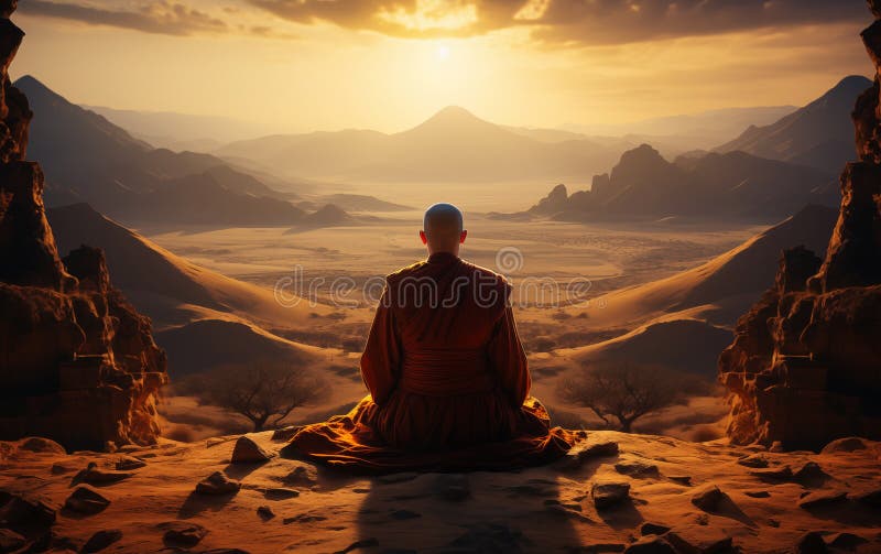 Meditating Monk on Mountain, Rear View. Stock Illustration ...