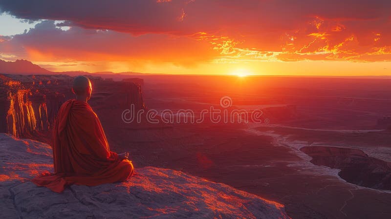 Meditating Monk at Sunset Over Canyon - Generative Ai Stock ...