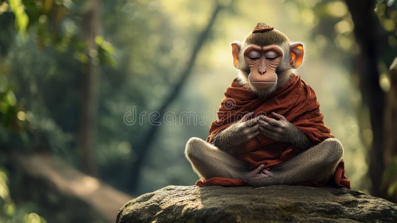 Meditating Monkey in Robes on a Rock in a Tranquil Forest Stock Image ...