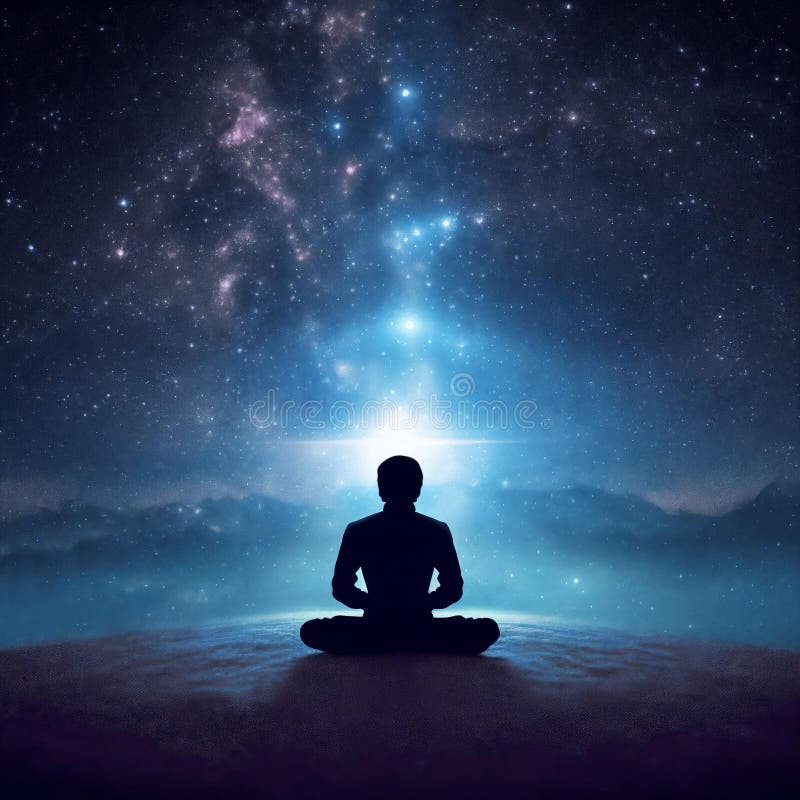 Meditating Person Silhouette, Night Sky on Background. AI Generative ...