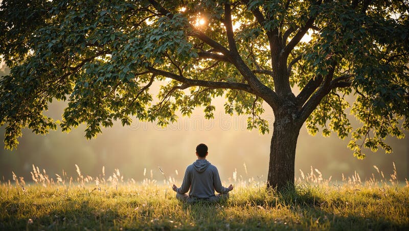 Meditating Person Under Bodhi Tree Sun Rays Enlightenment Stock ...