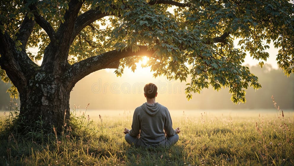 Meditating Person Under Bodhi Tree Sun Rays Enlightenment Stock ...