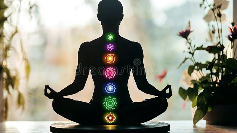 Meditating Silhouette with Chakra Alignment. Serene Pose with Bright ...