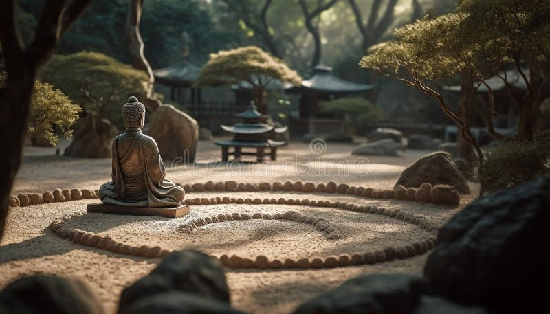Meditating Under a Tranquil Tree, a Statue Symbolizes Spirituality ...