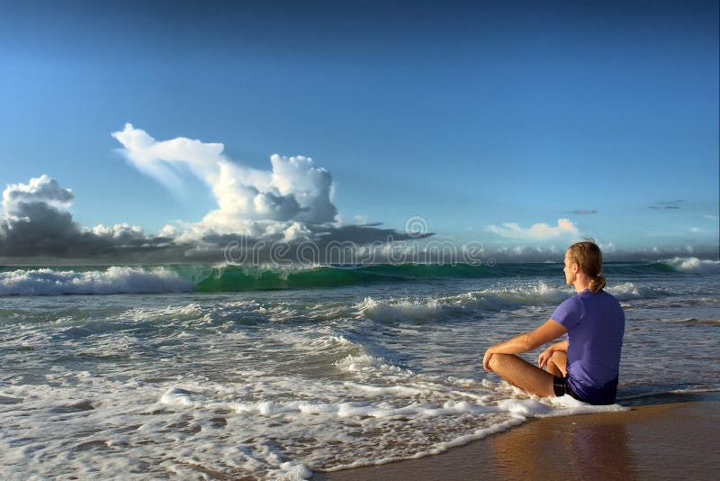 Meditating Young Man Faces Big Wave Stock Photo - Image of fitness ...