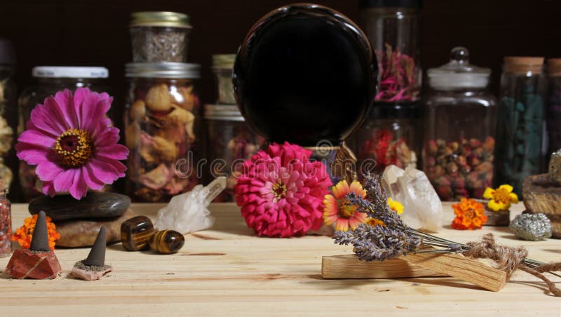 Meditation Altar With Rock Crystals And Flowers Jars Of Herbs In