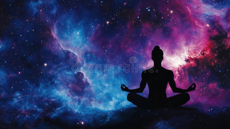 Meditation in Cosmic Space, Silhouette of Person in Lotus Position ... Meditation in Cosmic Space, Silhouette of Person in Lotus Position ...