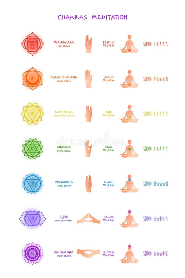 Chakras and Mudras Association during Meditation Stock Vector ...