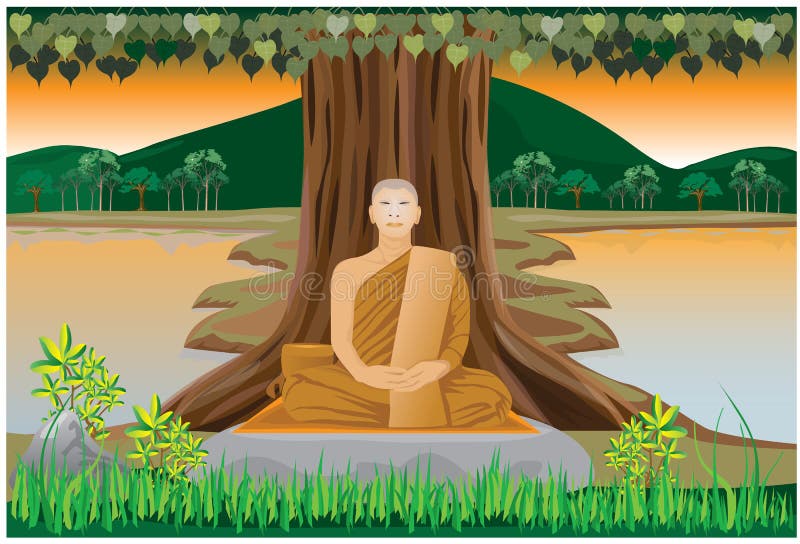 Buddha Meditation Under the Tree Vector Design,in Front of the River ...