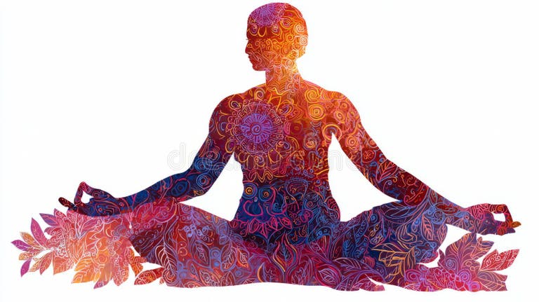 Meditation Pose with Mandala Patterns and Floating Healing Herbs ...