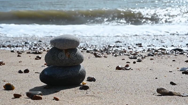 Stone Stack on Pebble Beach, Waving Sea in Stock Video - Video of stack ...