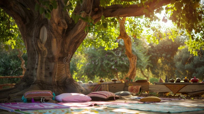 A Meditation Session Taking Place Under a Large Tree Surrounded by ...