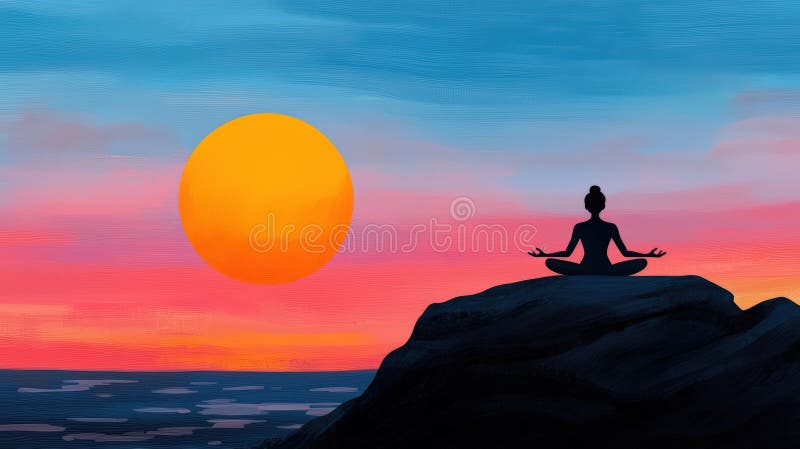 Meditation Silhouette at Sunset Over Ocean Stock Illustration ...
